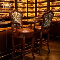 China Luxury European Solid Wood Swivel Bar Stool Antique Carved High Chair with Tapestry Backrest & Leather Seat for Villa Kitchen for sale