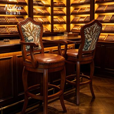 China Luxury European Solid Wood Swivel Bar Stool Antique Carved High Chair with Tapestry Backrest & Leather Seat for Villa Kitchen for sale