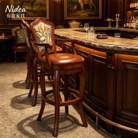 China Luxury European Solid Wood Swivel Bar Stool Antique Carved High Chair with Tapestry Backrest & Leather Seat for Villa Kitchen for sale