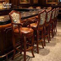 China Luxury European Solid Wood Swivel Bar Stool Antique Carved High Chair with Tapestry Backrest & Leather Seat for Villa Kitchen for sale