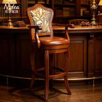 China Luxury European Solid Wood Swivel Bar Stool Antique Carved High Chair with Tapestry Backrest & Leather Seat for Villa Kitchen for sale