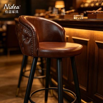 China Luxury Retro Brown Leather Bar Stool Tufted Back Counter Stool with Black Metal Legs & Gold Tips Kitchen Island Chair for sale