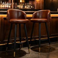 China Luxury Retro Brown Leather Bar Stool Tufted Back Counter Stool with Black Metal Legs & Gold Tips Kitchen Island Chair for sale