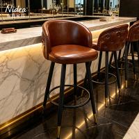 China Luxury Retro Brown Leather Bar Stool Tufted Back Counter Stool with Black Metal Legs & Gold Tips Kitchen Island Chair for sale