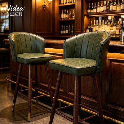 China Modern Green Leather Bar Stool Sturdy Metal Wood-Grain Legs with Gold Foot Caps Fixed Height Counter Stool for Kitchen Island for sale