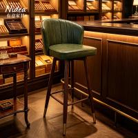China Modern Green Leather Bar Stool Sturdy Metal Wood-Grain Legs with Gold Foot Caps Fixed Height Counter Stool for Kitchen Island for sale