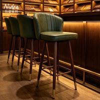 China Modern Green Leather Bar Stool Sturdy Metal Wood-Grain Legs with Gold Foot Caps Fixed Height Counter Stool for Kitchen Island for sale