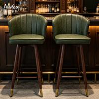 China Modern Green Leather Bar Stool Sturdy Metal Wood-Grain Legs with Gold Foot Caps Fixed Height Counter Stool for Kitchen Island for sale