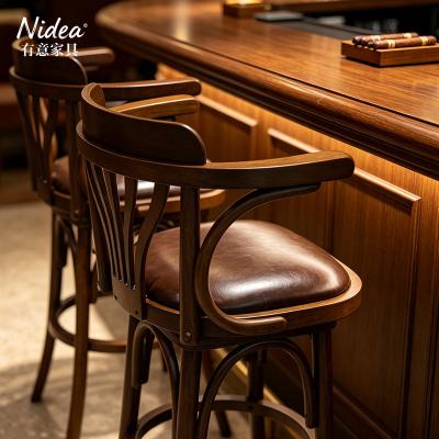 China Classic Bentwood Bar Stool Traditional French Bistro High Chair with Leather Seat Sturdy Solid Wood Counter Stool for Cafe for sale