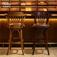 China Classic Bentwood Bar Stool Traditional French Bistro High Chair with Leather Seat Sturdy Solid Wood Counter Stool for Cafe for sale