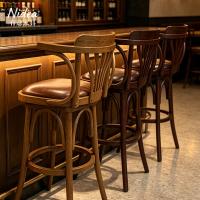 China Classic Bentwood Bar Stool Traditional French Bistro High Chair with Leather Seat Sturdy Solid Wood Counter Stool for Cafe for sale