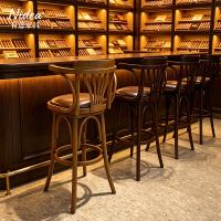 China Classic Bentwood Bar Stool Traditional French Bistro High Chair with Leather Seat Sturdy Solid Wood Counter Stool for Cafe for sale