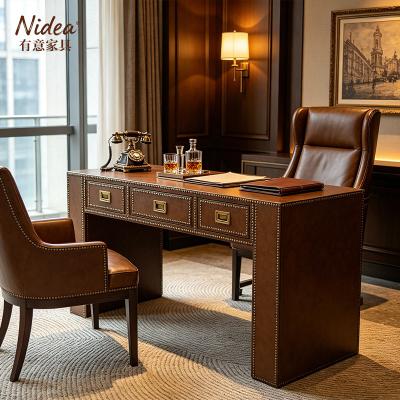 China Vintage Brown Leather Console Table 3-Drawer Campaign Desk with Nailhead Trim Luxury Villa Entryway Hallway Storage Table for sale