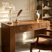 China Vintage Brown Leather Console Table 3-Drawer Campaign Desk with Nailhead Trim Luxury Villa Entryway Hallway Storage Table for sale