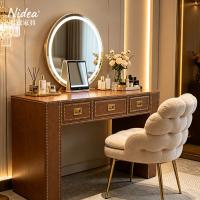 China Vintage Brown Leather Console Table 3-Drawer Campaign Desk with Nailhead Trim Luxury Villa Entryway Hallway Storage Table for sale