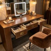 China Vintage Brown Leather Console Table 3-Drawer Campaign Desk with Nailhead Trim Luxury Villa Entryway Hallway Storage Table for sale