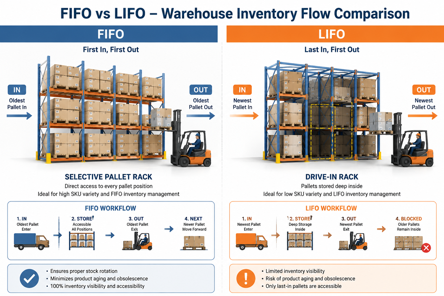 FIFO inventory flow comparison between selective pallet rack and drive-in rack