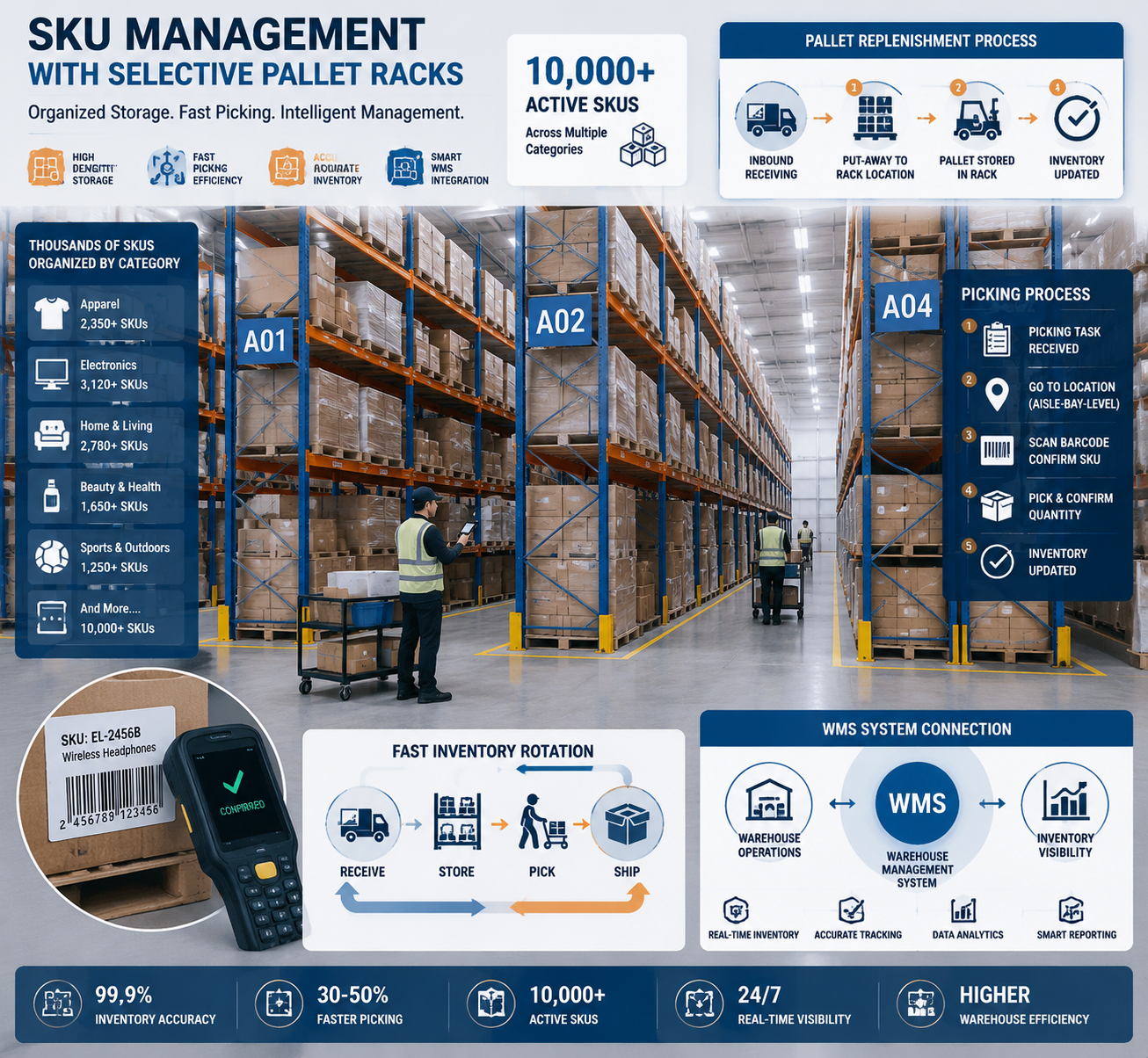 Selective pallet rack supporting e-commerce warehouse SKU management