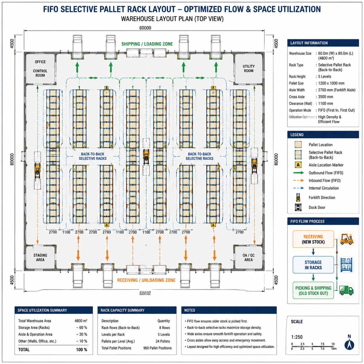 FIFO warehouse layout design using selective pallet racking system