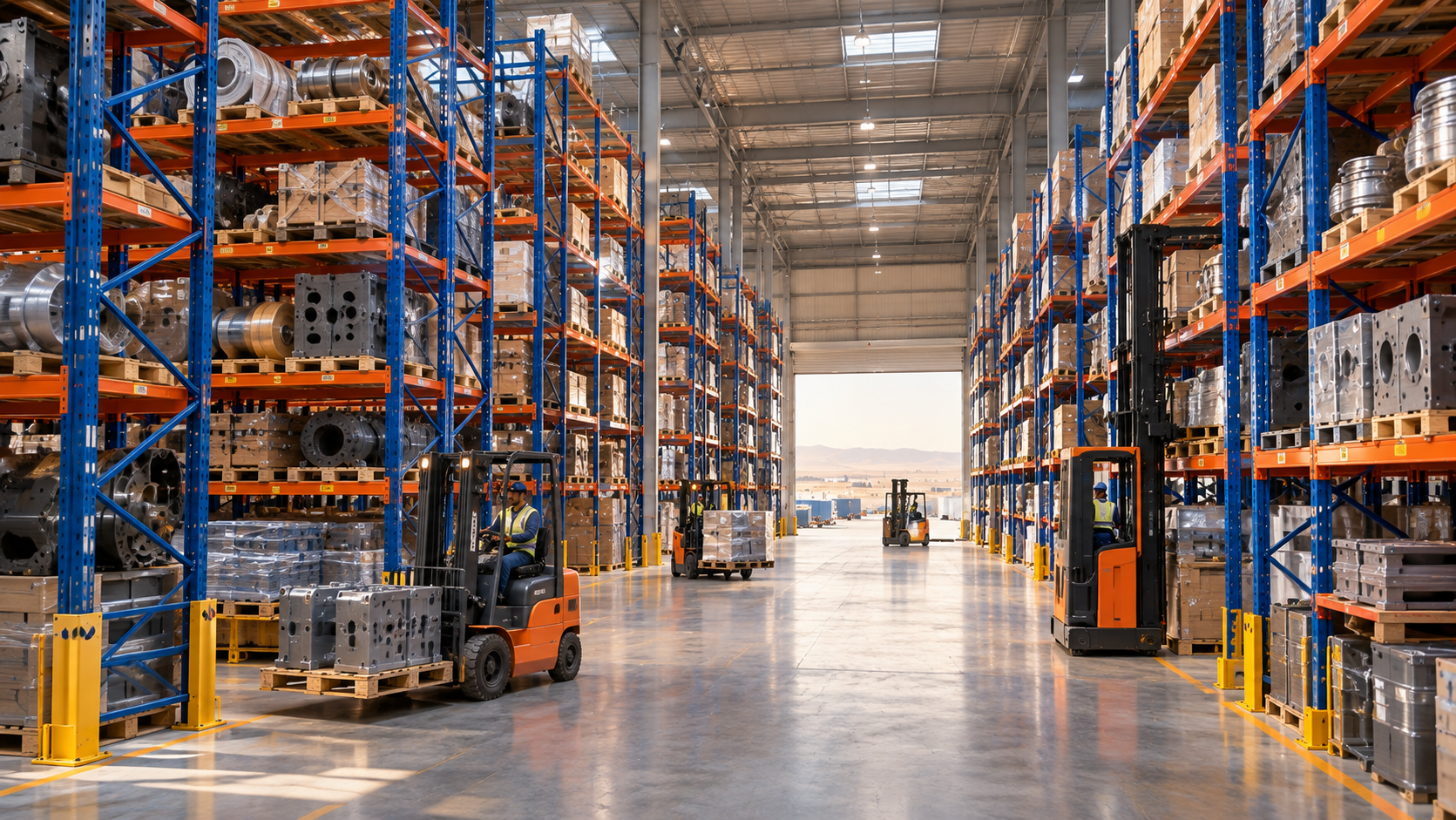 Heavy-duty selective pallet racking handling intensive forklift traffic in Saudi Arabia