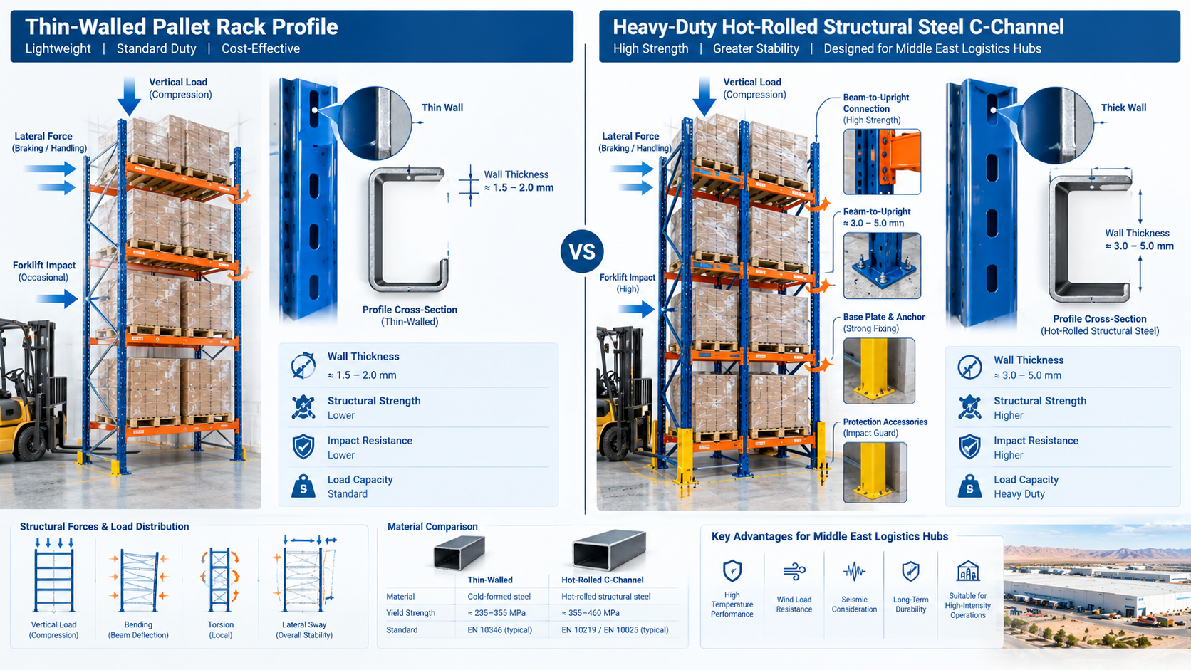 Thin-walled steel versus hot-rolled structural steel for heavy-duty pallet racks