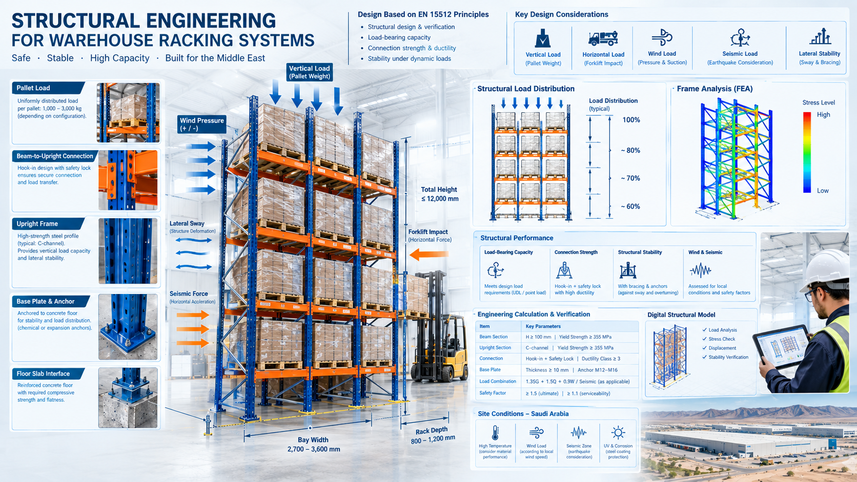 Structural load and stability analysis for heavy-duty pallet racking in Saudi Arabia