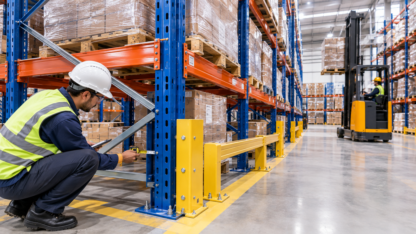Heavy-duty hot-rolled pallet rack with upright protectors and floor anchors