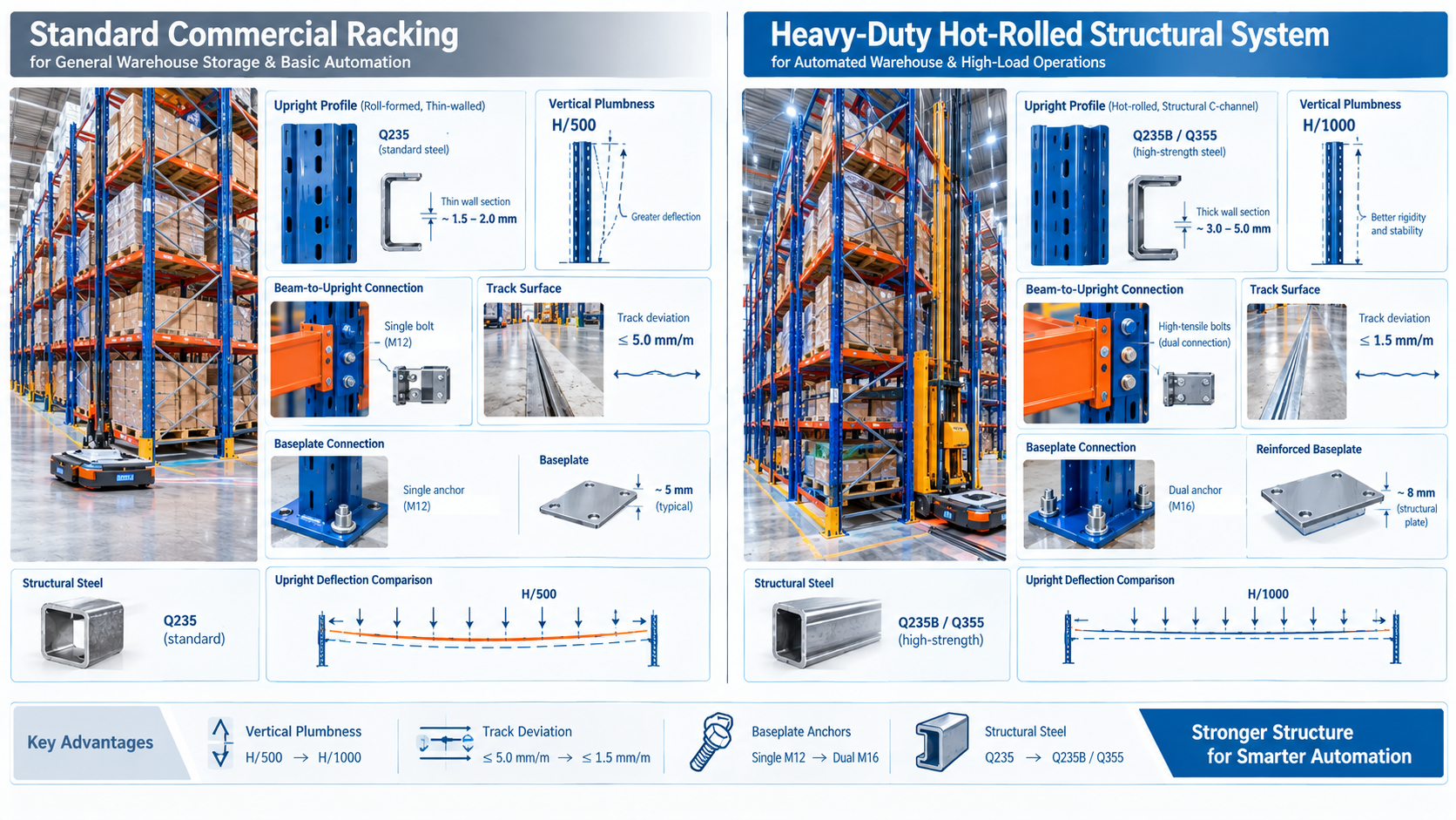 Technical comparison of standard commercial racking and hot-rolled structural racking for automation