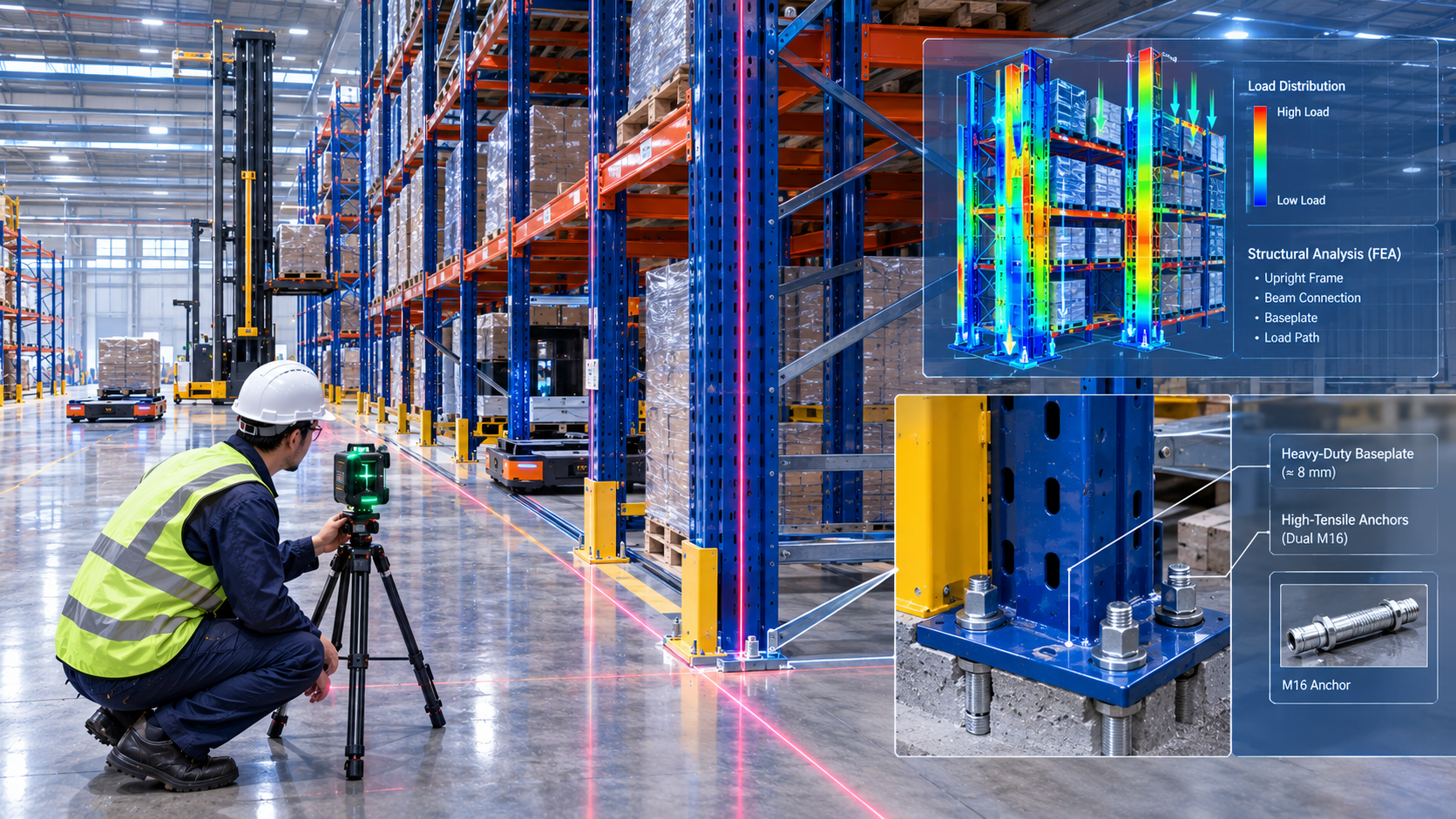 Engineer verifying floor flatness and structural alignment for an automated pallet rack system