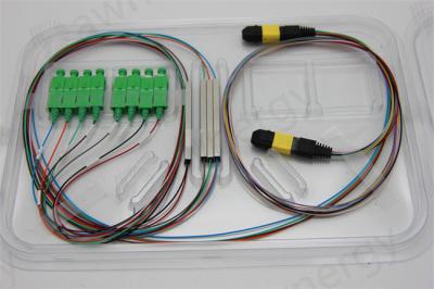 China Hybrid Fiber Optical PLC Splitter 1x2 MPO to SC APC G657A1 900µm for sale