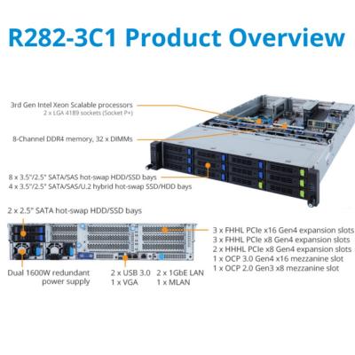 China Gigabyte Rack Server R282-3C1 2U Rack Server with 3rd Gen Intel Xeon Scalable 12+2-Bay Gen4 NVMe SATA SAS Buy a Server for sale