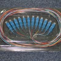 China LC UPC Multimode OM3 Ribbon Fanout Pigtail Kit 850nm 0.9mm OD 12 Fiber for sale
