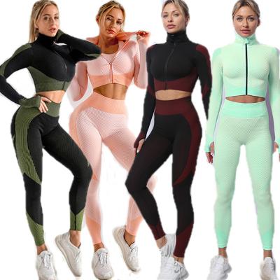 China 2021 New Antibacterial 3 Piece Set Running Jogging Sportswear Jacket Tank Top Women Skninny And Pants Yoga Wear for sale