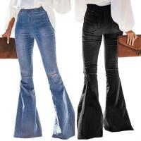 China Color Fade Proof High Waist Elastic Waist Knee Ripped Bell Bottom Women Jeans Flare Pants for sale