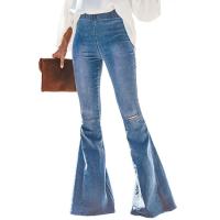 China Color Fade Proof High Waist Elastic Waist Knee Ripped Bell Bottom Women Jeans Flare Pants for sale