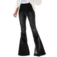 China Color Fade Proof High Waist Elastic Waist Knee Ripped Bell Bottom Women Jeans Flare Pants for sale