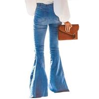 China Color Fade Proof High Waist Elastic Waist Knee Ripped Bell Bottom Women Jeans Flare Pants for sale