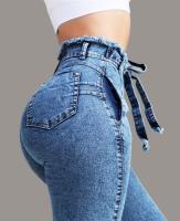 China Waistband Tassel Color Fade Proof High Quality High Waisted Skinny Pencil Jeans Woman Elastic Jeans for sale