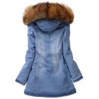 China Fashion thick cotton-padded fur collar denim jacket winter hooded jeans waterproof coat women for sale