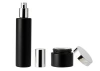 China Round Matte Frosted 50ml Black Glass Cosmetic Bottles with Sprayer for sale