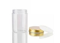 China 250g Wide Mouth Clear PET Plastic Face Cream Jar with Gold Aluminum Lid for Cosmetic Packaging for sale
