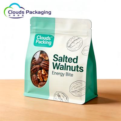 China Custom Nuts Plastic Packaging Bag Square Bottom Pouch With Clear Window And Zipper for sale