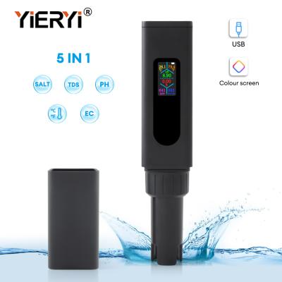 China USB Rechargeable 5-in-1 Water Quality Meter Color Screen TDS Salt EC PH Temperature Tester for sale