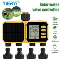China YiERYI Solar Water Timer 4 Outlet Irrigation Controller with Rain Sensor Automatic Scheduled Watering System with Child Lock for Garden Lawn Farm Irrigation Valve for sale