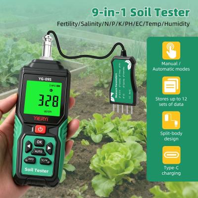 China YG-09s9 9-in-1 PH/BC/salinity/fertility/nitrogen, phosphorus, potassium/temperature/humidity handheld soil tester can store and view 12 sets of records for sale