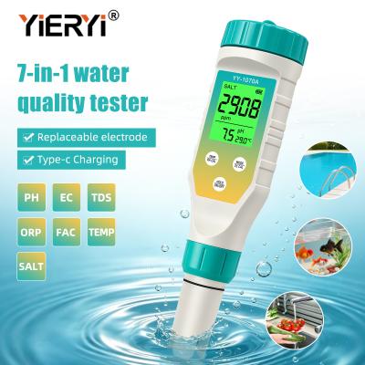 China 7-in-1 Water Quality Test Pen, pH Salinity ORP TDS EC FAC TEMP, Simultaneous Green Backlight Display, Rechargeable for sale