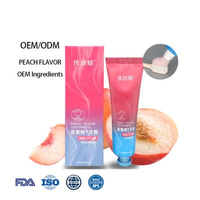 China Private Label White Peach Freshens Toothpaste Oral Care Products Deep Cleansing Stubborn Stains Remove Yellow Brightening for sale