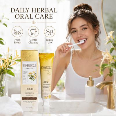 China Custom Teeth Whitening Toothpaste Herbal Honeysuckle Flavor Freshens Breath Protects Tooth Enamel Fluoride Free Dentifrice for sale