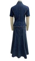 China Two Piece Denim Set Featuring A Tailored Jacket And Flared Midi Skirt for sale