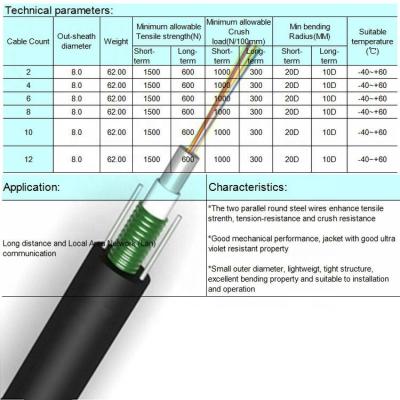 China 2 To 24 Core GYXTW Aerial Fiber Optic Cable PE Jacket With Steel Wire for sale